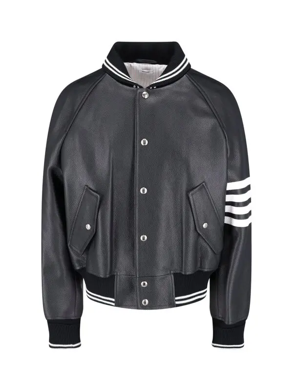Thom Browne Leather Bomber Jacket With Wool-acrylic Knit Details