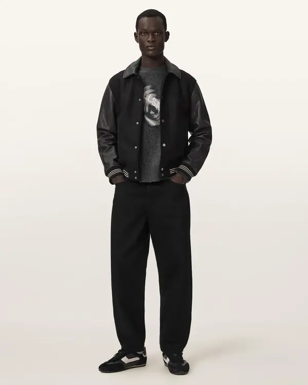 ALLSAINTS Vanson Wool Bomber Jacket With Leather Collar And Striped Trims