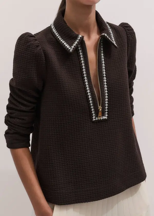 ME+EM Textured Zip Front Long Sleeve Top
