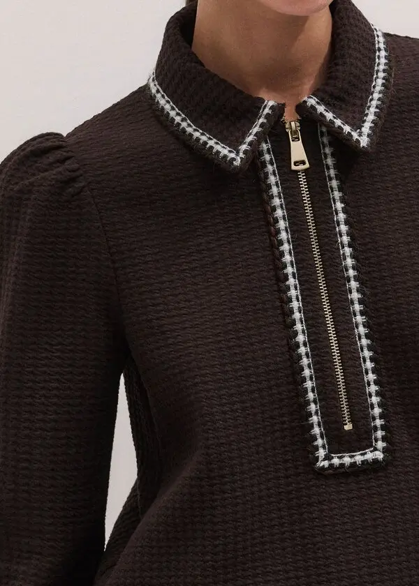 ME+EM Textured Zip Front Long Sleeve Top