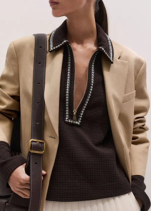 ME+EM Textured Zip Front Long Sleeve Top