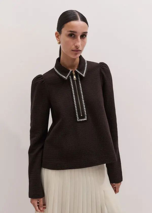ME+EM Textured Zip Front Long Sleeve Top