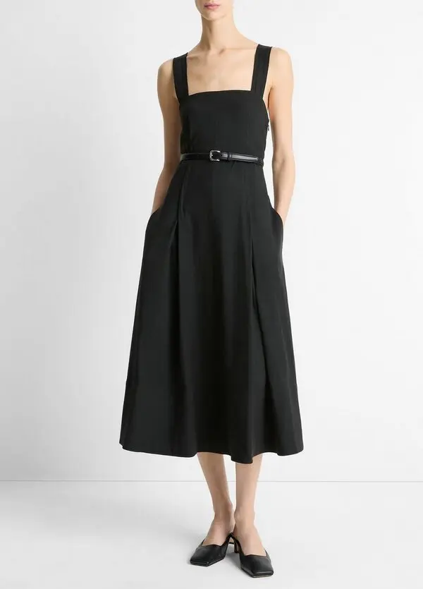 Vince Linen-blend Square-neck Midi Dress