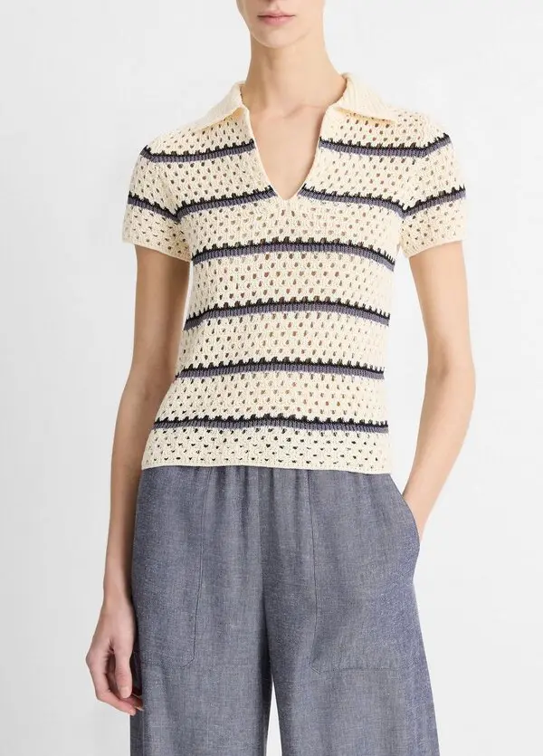 Vince Striped Macramé Cotton Polo Sweater