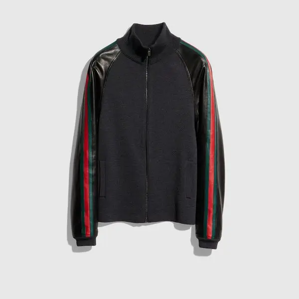 Gucci Zip-up Fine Rib Wool Jacket With Leather Sleeves And Web Detail