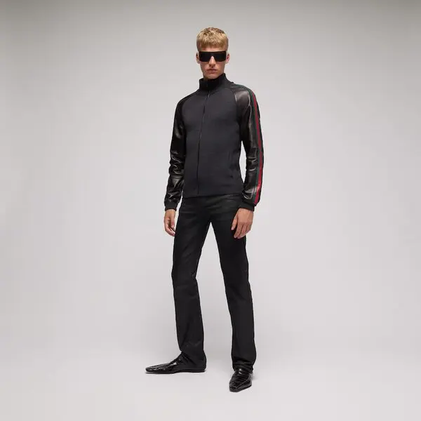 Gucci Zip-up Fine Rib Wool Jacket With Leather Sleeves And Web Detail
