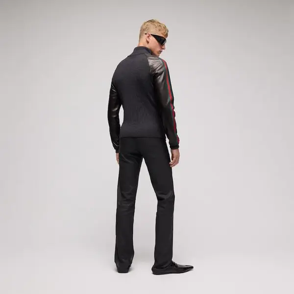 Gucci Zip-up Fine Rib Wool Jacket With Leather Sleeves And Web Detail
