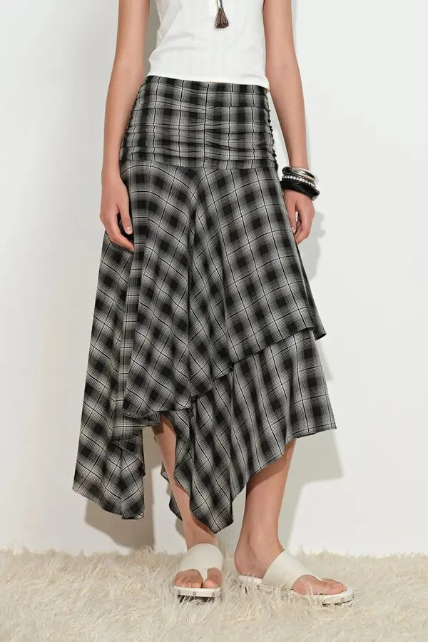 Fabrique Gracie Asymmetric Plaid Ruched Skirt