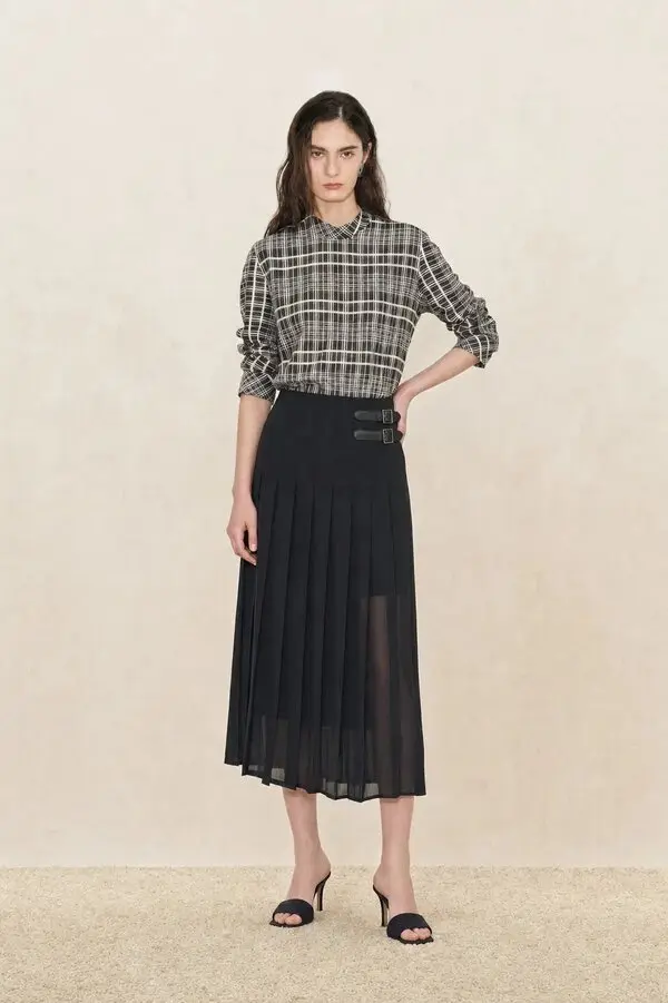Fabrique Checked Mock Neck Shirt With Tie Detail - Black