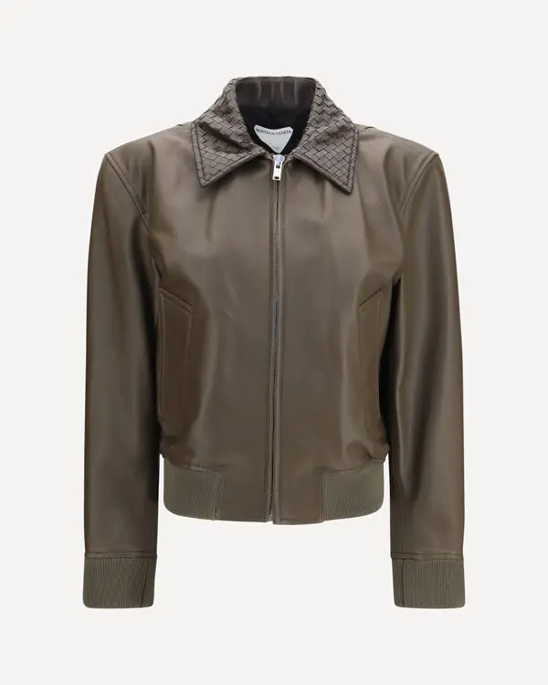 Bottega Veneta Glossy Leather Bomber Jacket - Brown