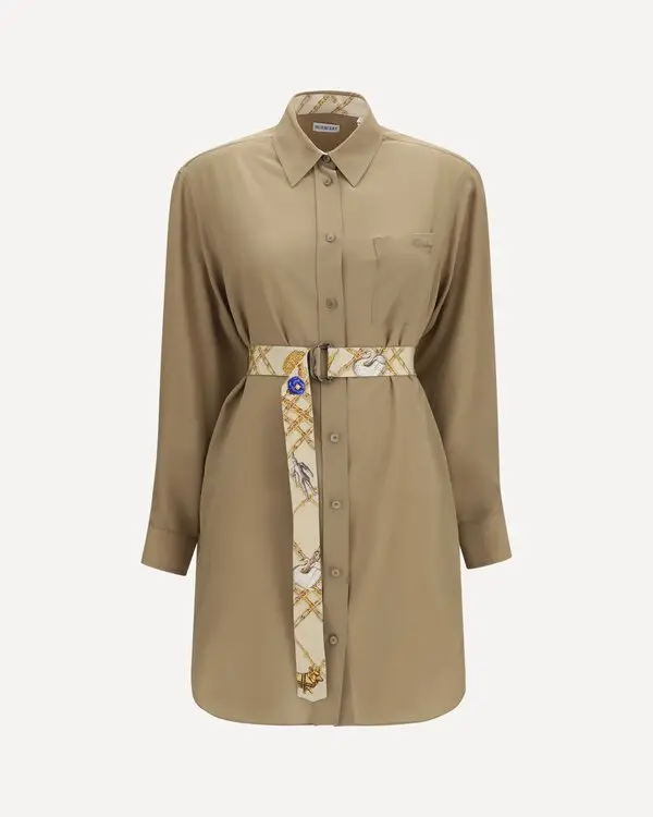Burberry Silk Crêpe De Chine Shirt Dress With Printed Belt - Beige