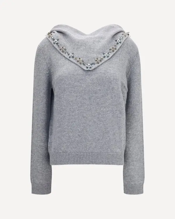 Prada Sweater With Integrated Embellished Scarf - Grey