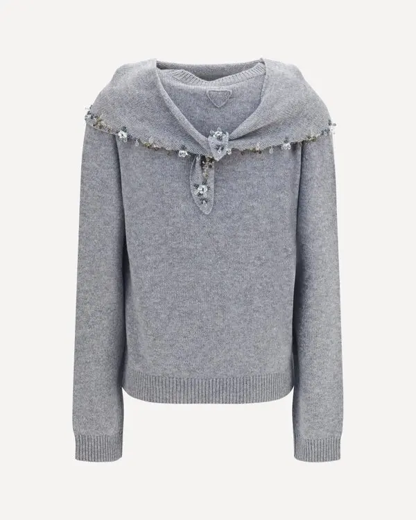 Prada Sweater With Integrated Embellished Scarf - Grey