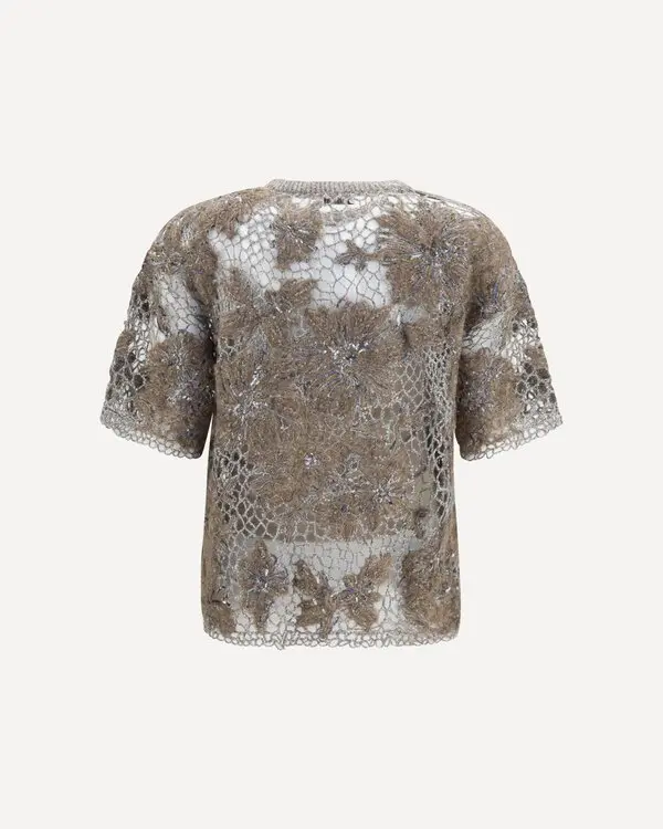 Brunello Cucinelli Crew-neck Top With Floral Embroidery And Sequins