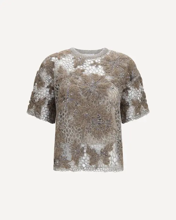 Brunello Cucinelli Crew-neck Top With Floral Embroidery And Sequins