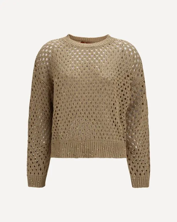 Max Mara Open Knit Cotton Sweater With Sequins Feale - Beige