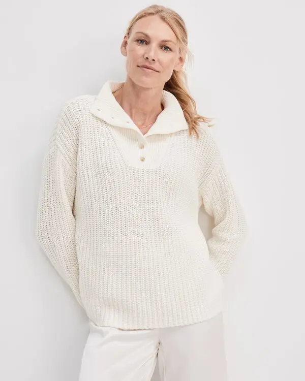 HAVEN WELL WITHIN Button-up Mock Neck Sweater - Ivory