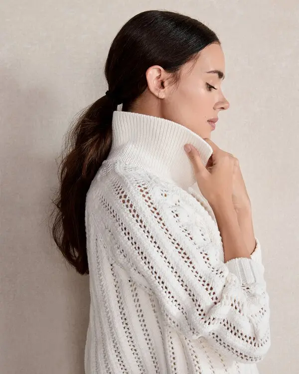 HAVEN WELL WITHIN Open Stitch Johnny Collar Sweater - Ivory