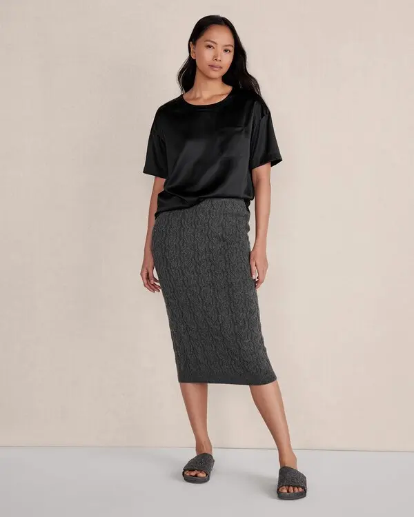 HAVEN WELL WITHIN Organic Cotton Blend Cable Knit Midi Skirt - Basalt Heather