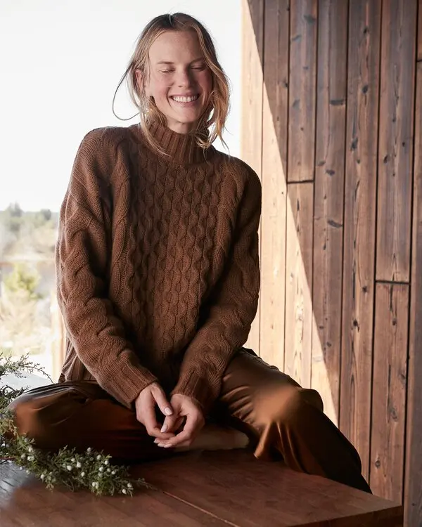 HAVEN WELL WITHIN Cashmere Honeycomb Cable Mockneck Sweater - Neptune