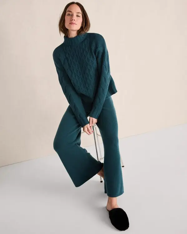 HAVEN WELL WITHIN Cashmere Honeycomb Cable Mockneck Sweater - Neptune