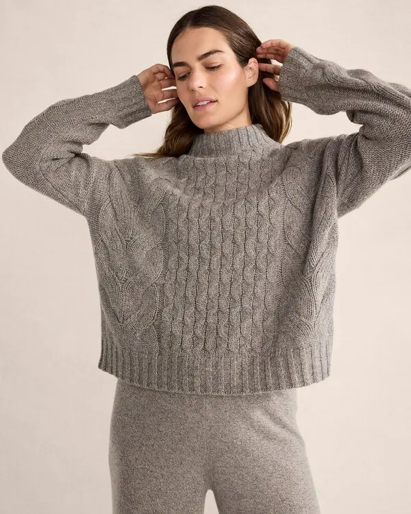 HAVEN WELL WITHIN Cashmere Honeycomb Cable Mockneck Sweater - Neptune