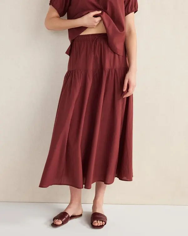 HAVEN WELL WITHIN Cotton Voile Blend Drop Waist Midi Skirt - Garnet