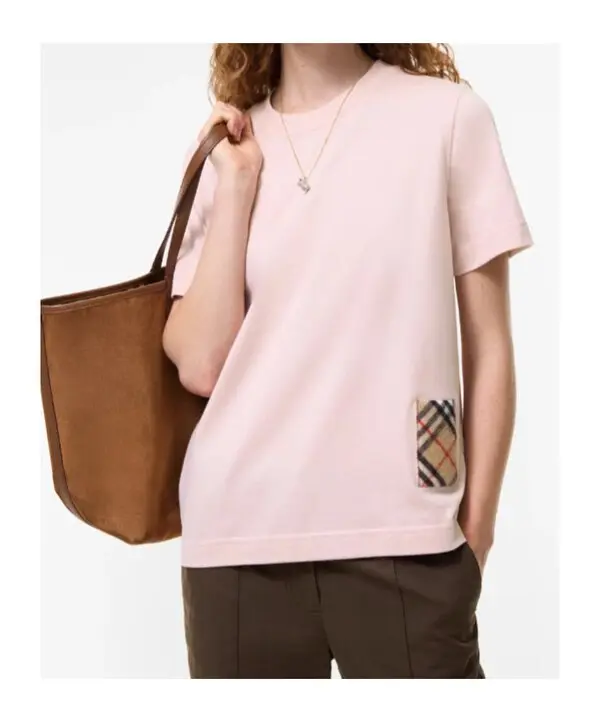 Burberry Crewneck T-shirt With House Check Patch - Pink Bouquet