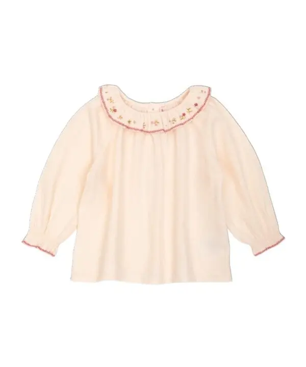 Bonpoint Long-sleeved Top With Ruffled Collar And Patterned Decoration