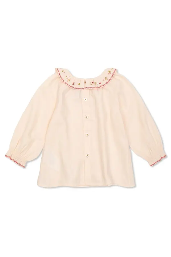 Bonpoint Long-sleeved Top With Ruffled Collar And Patterned Decoration