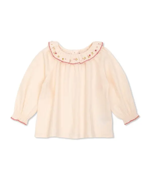 Bonpoint Long-sleeved Top With Ruffled Collar And Patterned Decoration - Pink