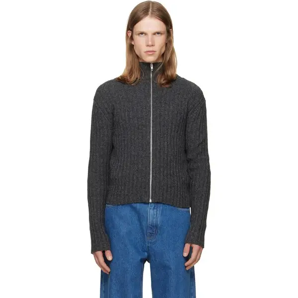 JIL SANDER Ribbed Zip-up High Neck Cardigan