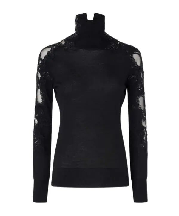 Ermanno Scervino Long-sleeved Virgin Wool Turtleneck Sweater With Lace And Crystal Embellishments