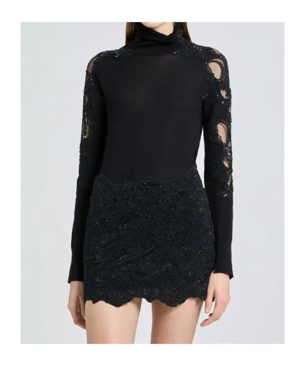 Ermanno Scervino Long-sleeved Virgin Wool Turtleneck Sweater With Lace And Crystal Embellishments