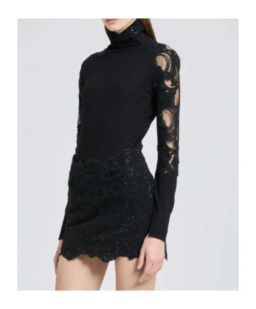 Ermanno Scervino Long-sleeved Virgin Wool Turtleneck Sweater With Lace And Crystal Embellishments