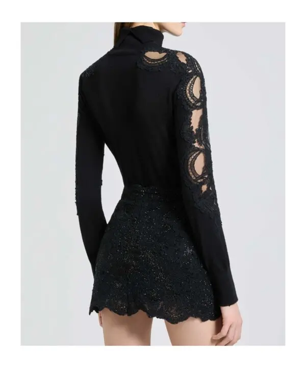 Ermanno Scervino Long-sleeved Virgin Wool Turtleneck Sweater With Lace And Crystal Embellishments