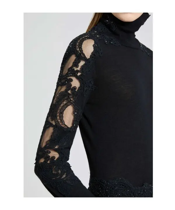 Ermanno Scervino Long-sleeved Virgin Wool Turtleneck Sweater With Lace And Crystal Embellishments