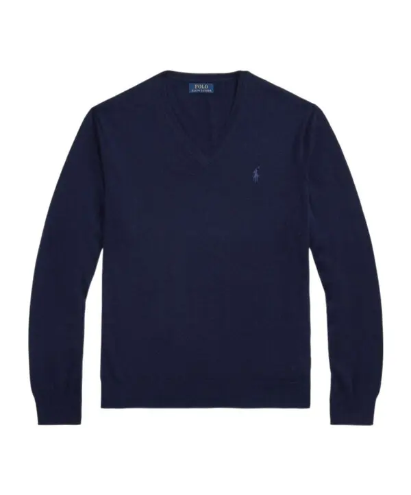 Polo Ralph Lauren V-neck Logo Embroidered Fine Knit Sweater
