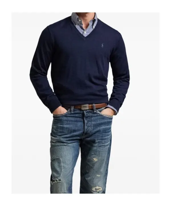 Polo Ralph Lauren V-neck Logo Embroidered Fine Knit Sweater