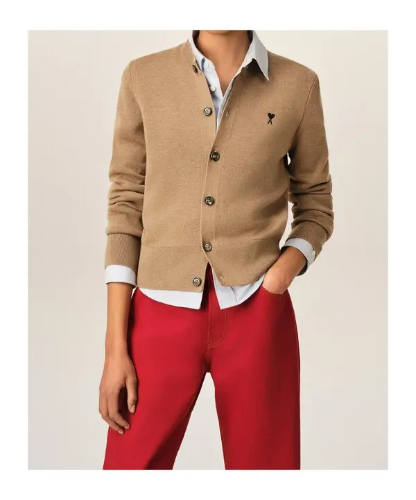 AMI Paris De Coeur Crewneck Cardigan In Responsible Wool