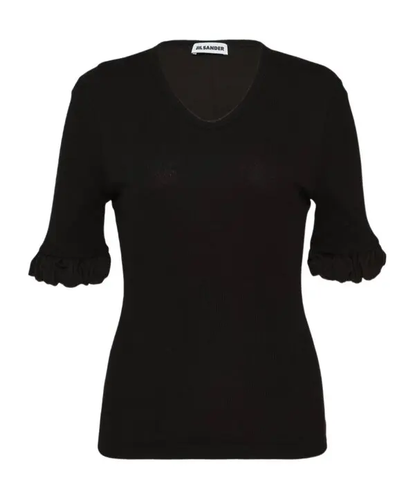JIL SANDER Ribbed V-neck Top With Ruffled Cuffs