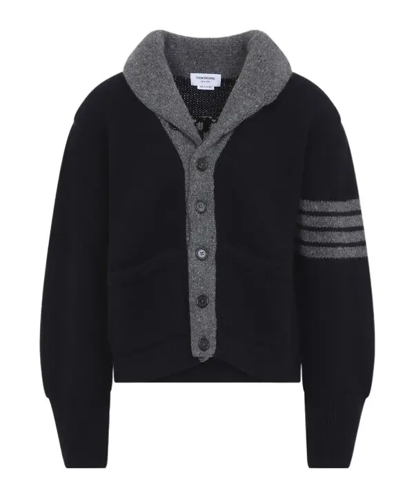 Thom Browne Knitted Hoodie With Rwb Stripes - Navy Blue