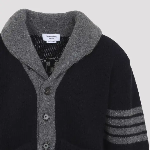 Thom Browne Knitted Hoodie With Rwb Stripes - Navy Blue