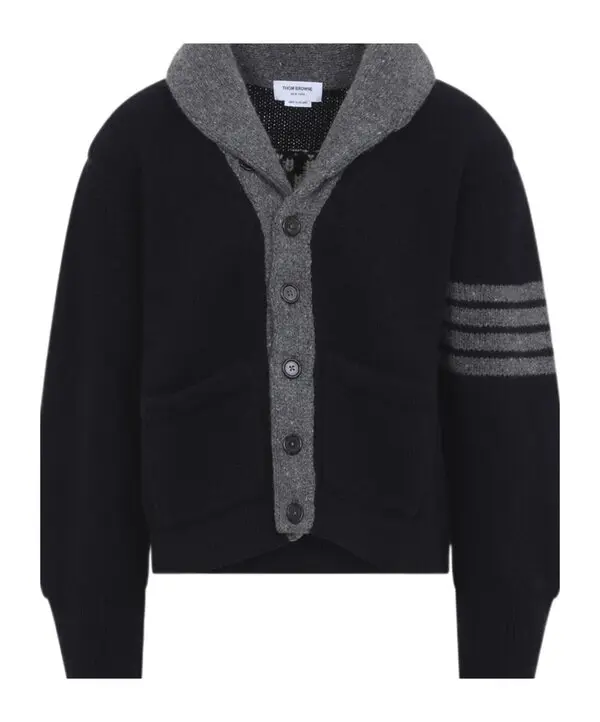 Thom Browne Knitted Hoodie With Rwb Stripes - Navy Blue