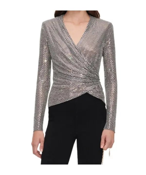 SELF-PORTRAIT Rhinestone Mesh Wrap Top