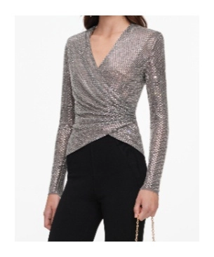 SELF-PORTRAIT Rhinestone Mesh Wrap Top - Grey