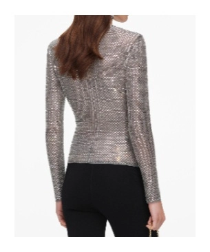 SELF-PORTRAIT Rhinestone Mesh Wrap Top - Grey