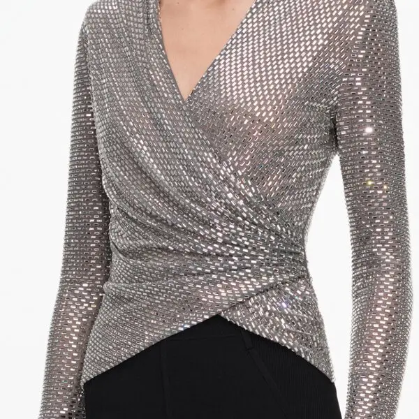 SELF-PORTRAIT Rhinestone Mesh Wrap Top - Grey