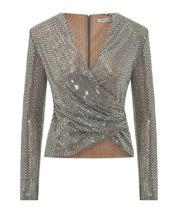 SELF-PORTRAIT Rhinestone Mesh Wrap Top - Grey