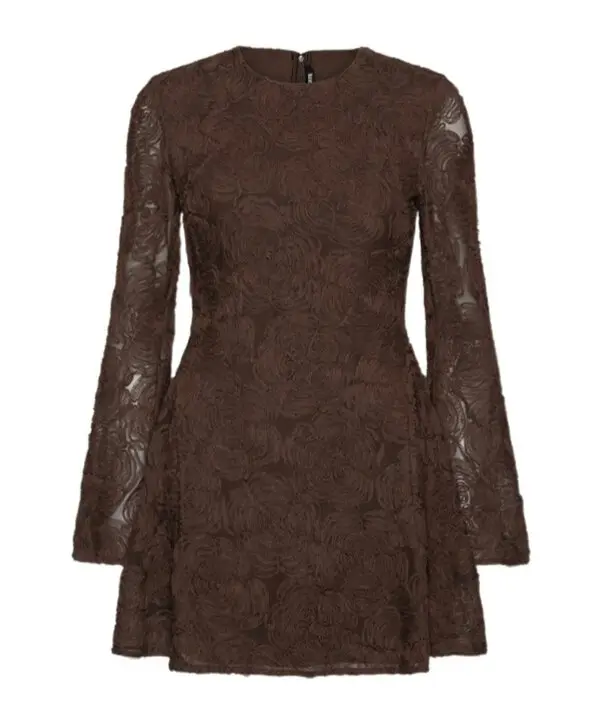 ROTATE BY BIRGER CHRISTENSEN Flower Mesh Long Sleeve Mini Dress - Dark Brown